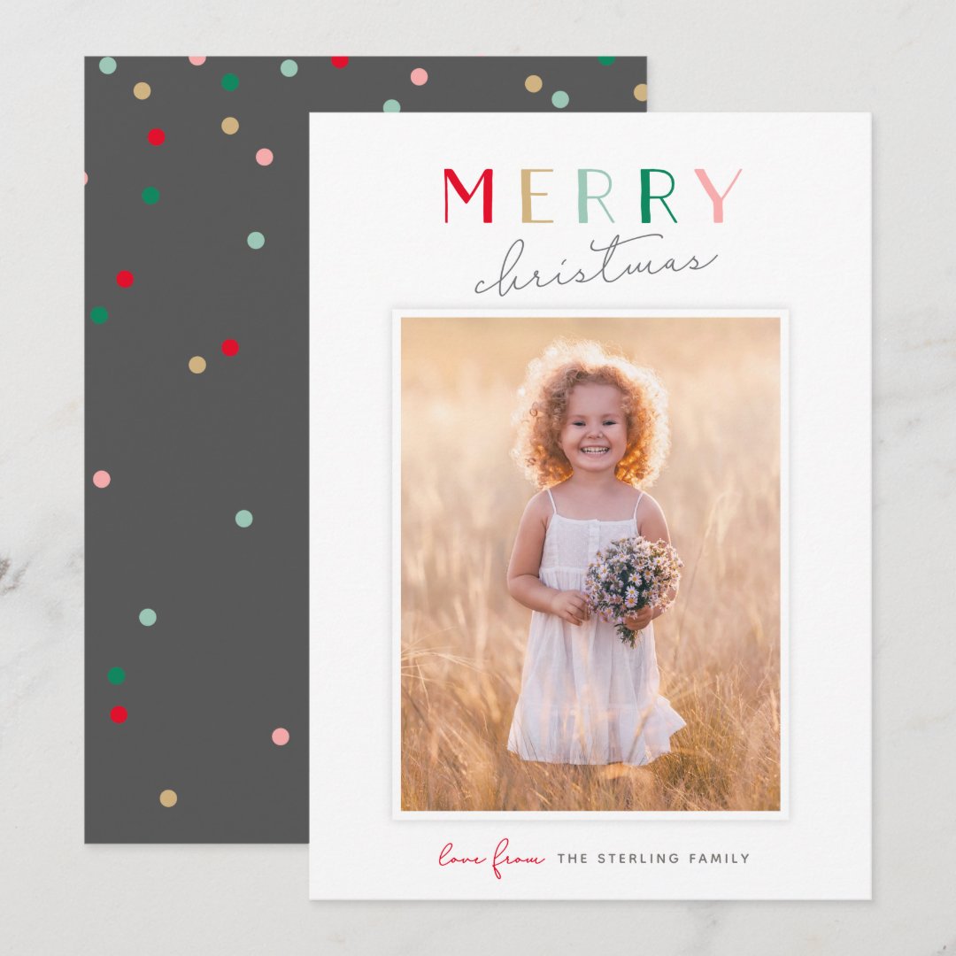 Cute Typography Merry Christmas Red & Green Photo Holiday Card | Zazzle