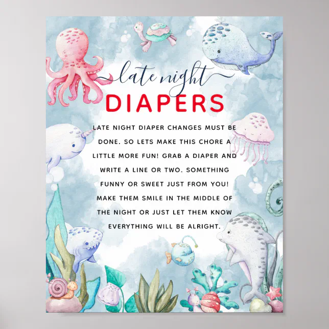 Cute Under the Sea Baby Shower 'Late Night Diaper' Poster | Zazzle