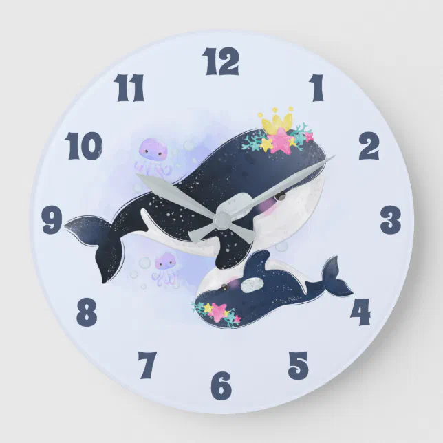 Cute Under the Sea Orca Floral Jellyfish Large Clock | Zazzle