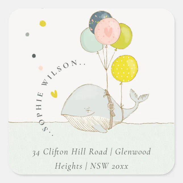 Cute Underwater Balloon Whale Heart Address Square Sticker | Zazzle