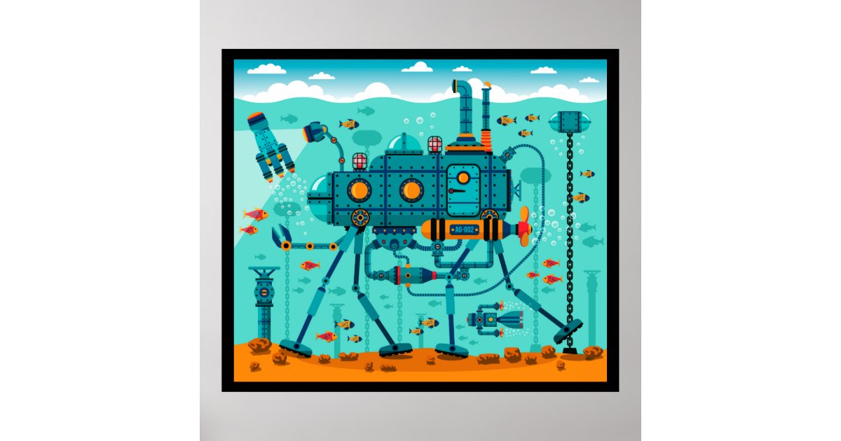 Cute Underwater Robot Scene Poster | Zazzle