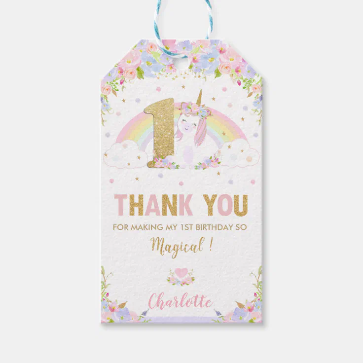 Cute Unicorn 1st Birthday Thank You Favor Swing Gift Tags | Zazzle