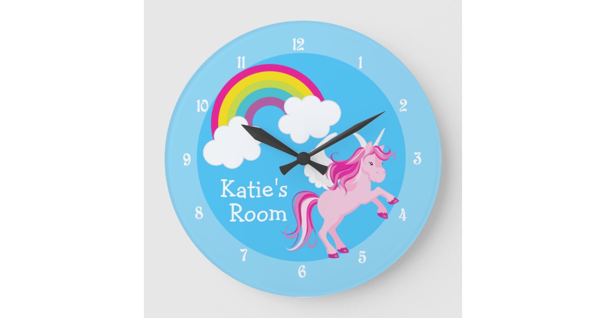 Cute Unicorn Custom Blue Large Clock | Zazzle