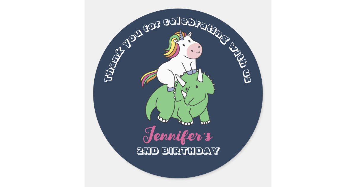 Cute Unicorn Dinosaur Kids Birthday Party Favor Classic Round Sticker ...