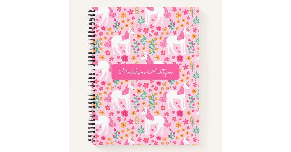 Cute Unicorn Flowers Pink Personalized Name Notebook | Zazzle