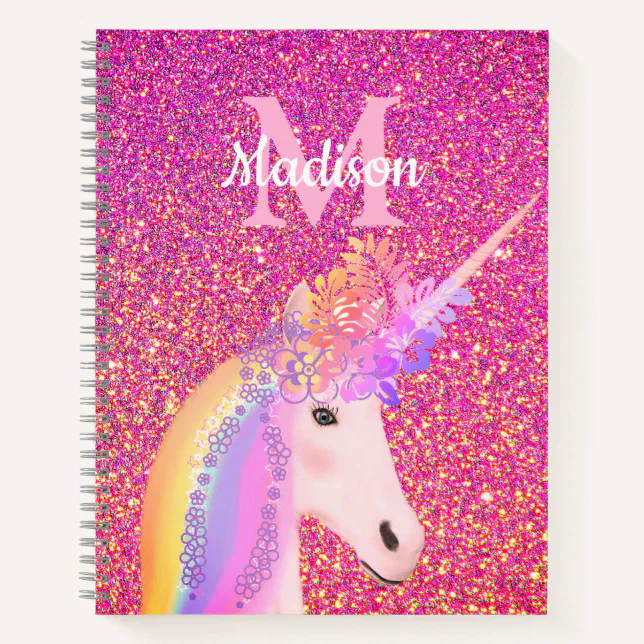 Cute Unicorn Pink Glitter Personalized Notebook | Zazzle