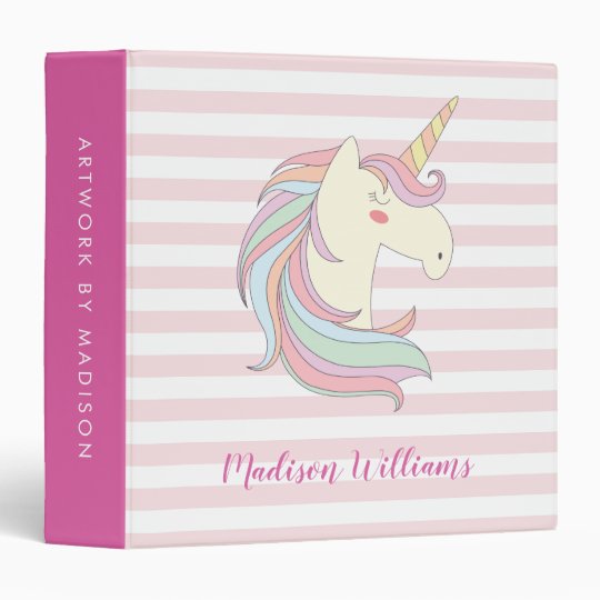 Cute Unicorn Pink Stripes Magical Pony Horse Girly 3 Ring Binder ...