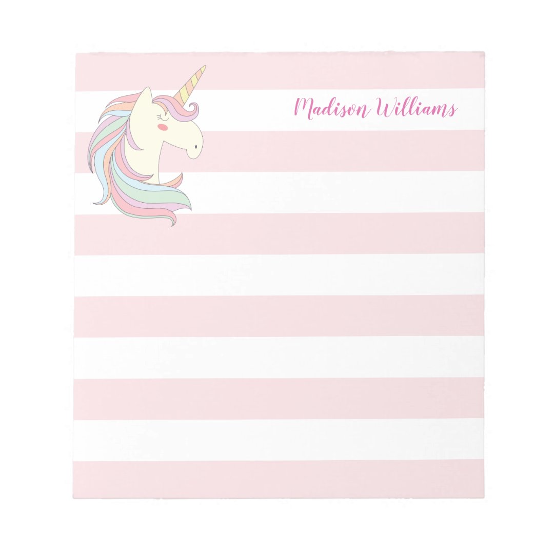 Cute Unicorn Pony Magic Fantasy Girly Pink Stripes Notepad | Zazzle