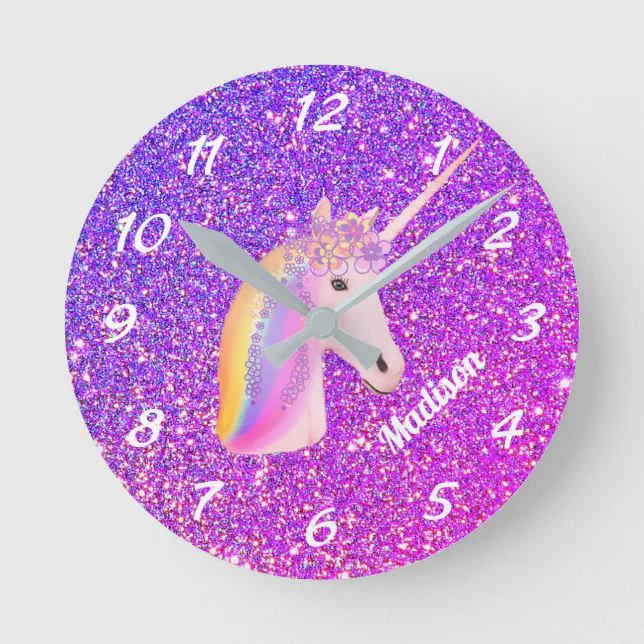 Cute Unicorn Purple Pink Glitter Personalized Round Clock | Zazzle