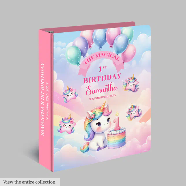 Cute Unicorn Rainbow Girl 1st Birthday Ring Binder | Zazzle