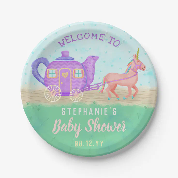 Cute Unicorn Tea Party Baby Shower Chariot Paper Plates | Zazzle