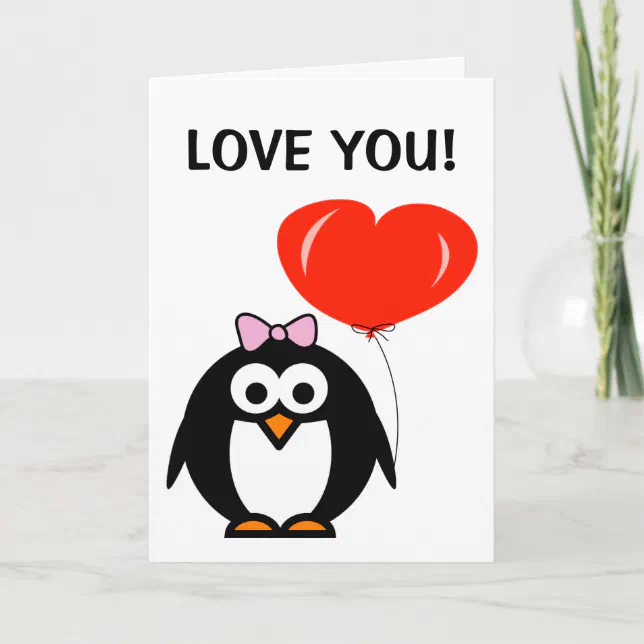 Cute Valentine's Day penguin with heart balloon Holiday Card | Zazzle