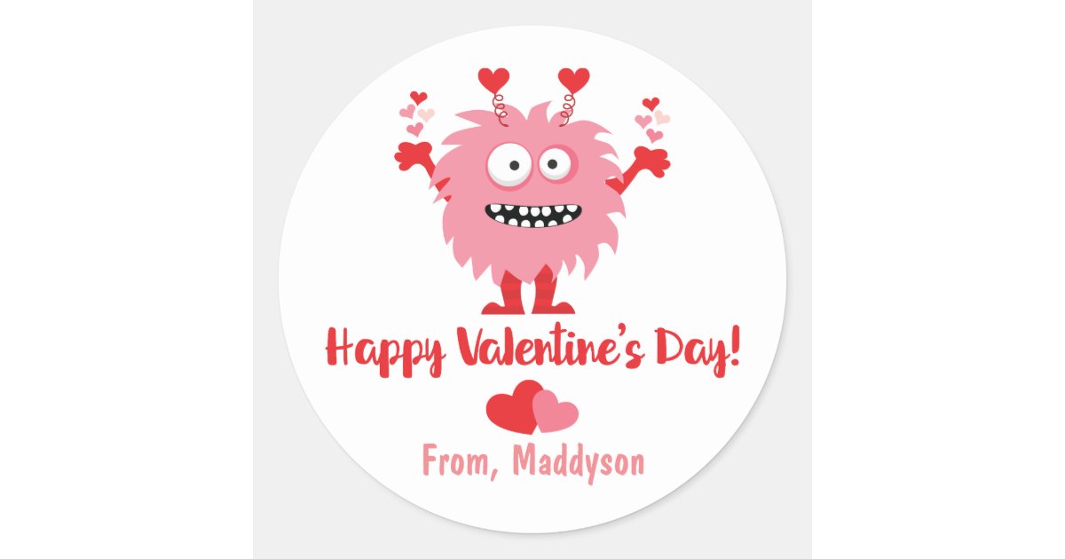 Cute Valentine's Day Pink Monster and Hearts Classic Round Sticker | Zazzle