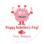 Cute Valentine's Day Pink Monster and Hearts Classic Round Sticker | Zazzle
