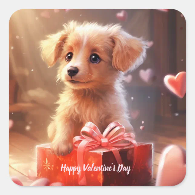 Cute Valentine's Day puppy postcard Square Sticker | Zazzle