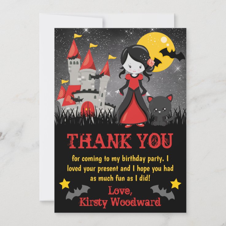 Cute Vampire Girl and Castle Halloween Birthday Thank You Card | Zazzle