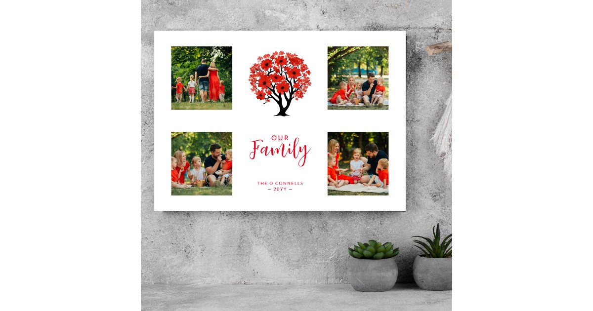 Cute Vibrant Red Floral Family Tree 4 Photos Foam Board | Zazzle