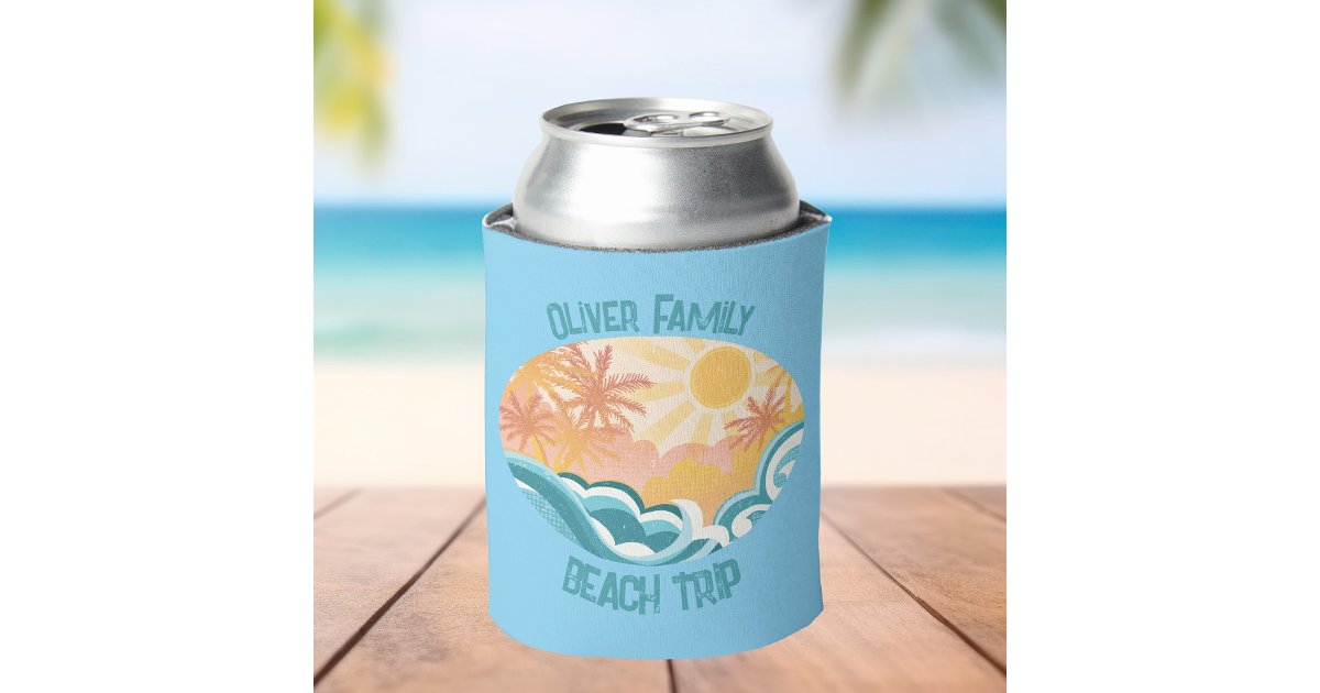 Cute Vintage Beach Waves Sunshine Blue Surfer Can Cooler | Zazzle