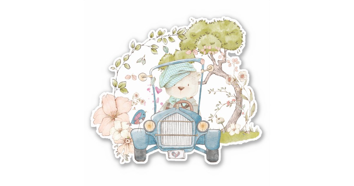 Cute Vintage Bear Botanical Florals Baby boy Sticker | Zazzle