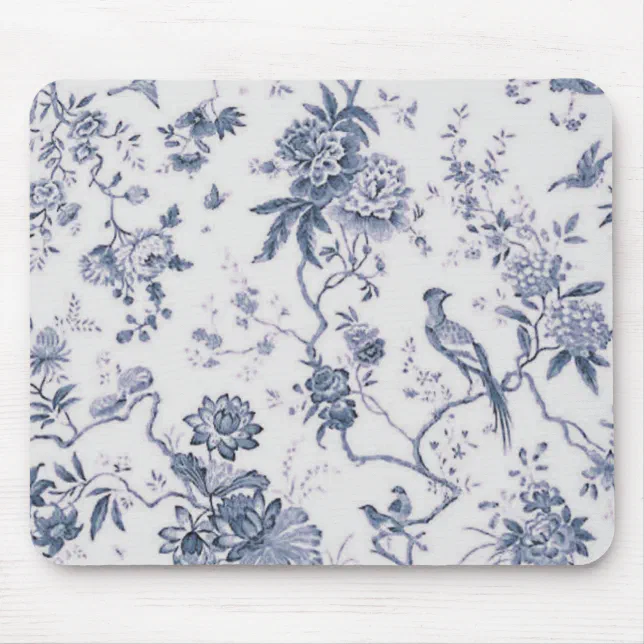 Cute Vintage Blue And White Bird Floral Mouse Pad | Zazzle