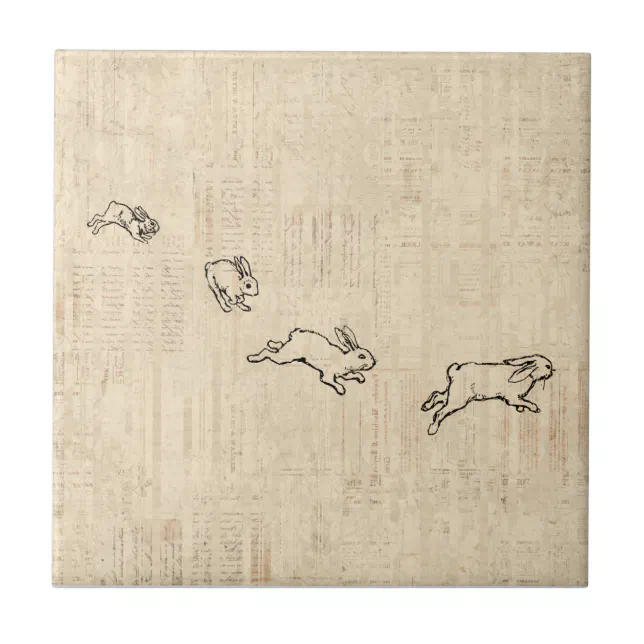 Cute Vintage Bunny Themed Jumping Rabbits Art Ceramic Tile | Zazzle