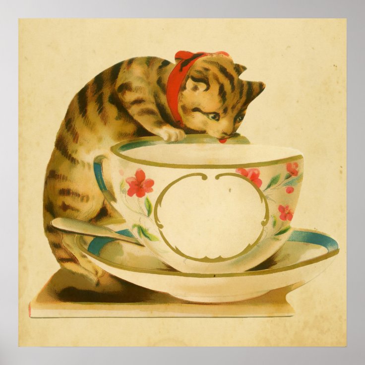 Cute Vintage Cat Teacup Poster | Zazzle