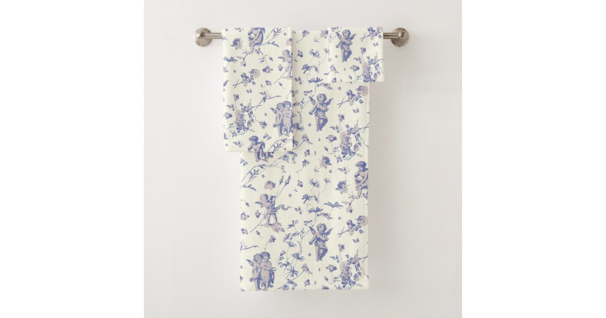 Cute Vintage Cherub Cupid Angels Blue Floral Toile Bath Towel Set | Zazzle