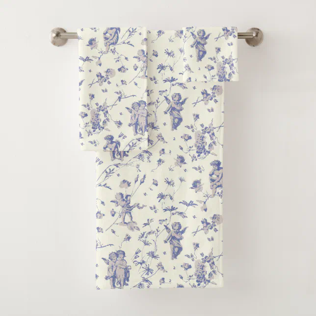 Cute Vintage Cherub Cupid Angels Blue Floral Toile Bath Towel Set | Zazzle