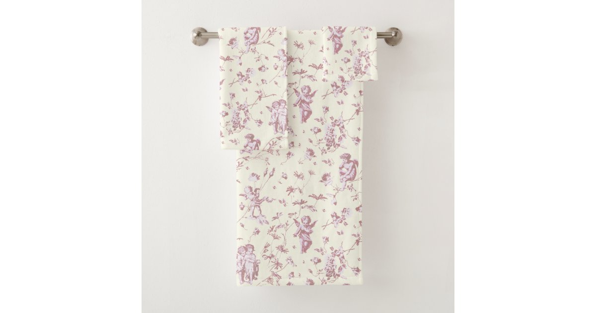 Cute Vintage Cherub Cupid Angels Pink Floral Toile Bath Towel Set | Zazzle