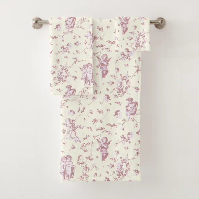 Cute Vintage Cherub Cupid Angels Pink Floral Toile Bath Towel Set | Zazzle