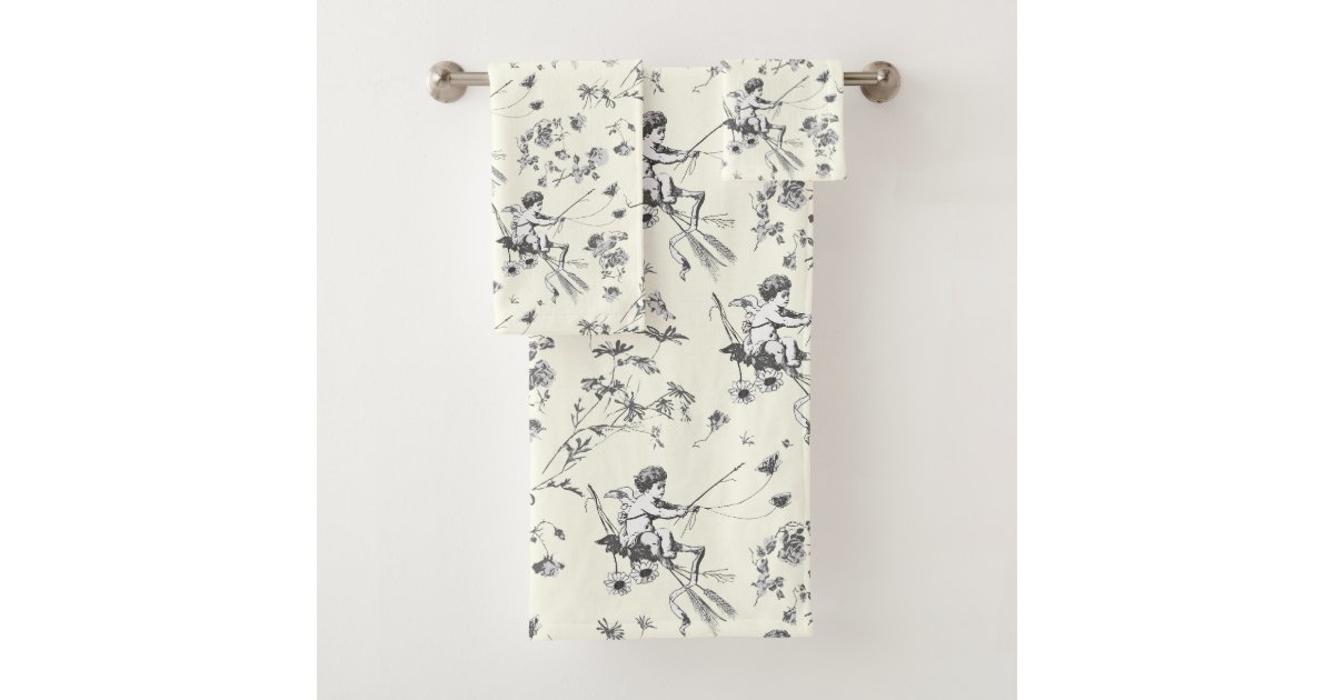 Cute Vintage Cupid Angel Black White Floral Toile Bath Towel Set | Zazzle