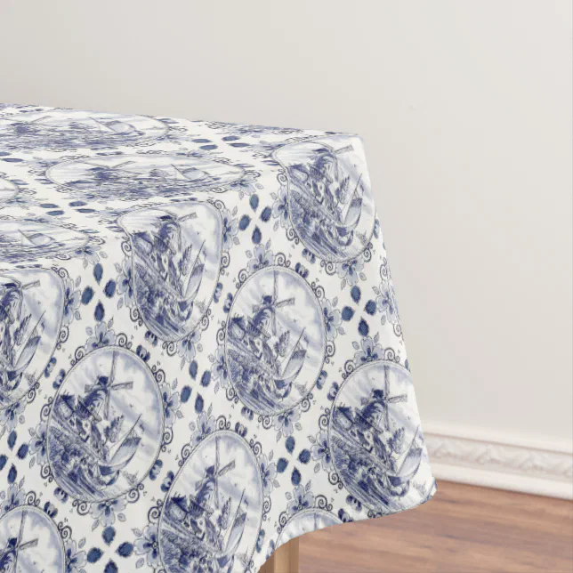 Cute Vintage Dutch Windmill Sailboat Delft Blue Tablecloth | Zazzle
