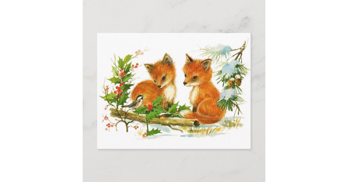 Cute Vintage Fox Christmas Scene Holiday Postcard | Zazzle