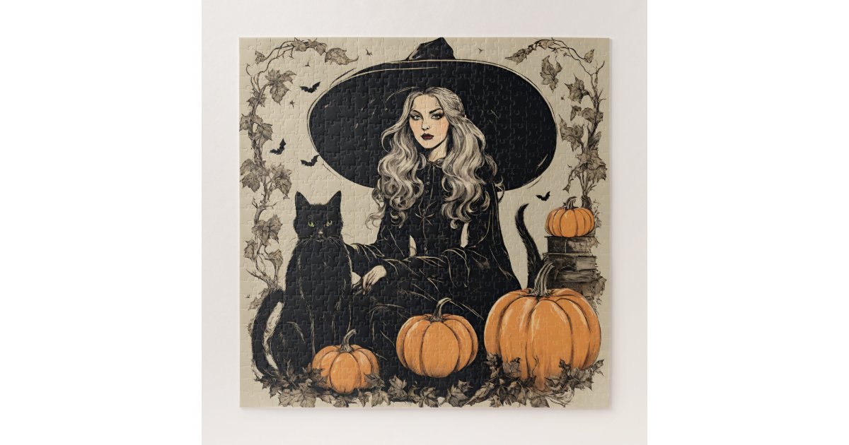 Cute Vintage Halloween Witch with Black Cat Jigsaw Puzzle | Zazzle
