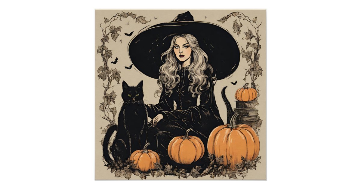 Cute Vintage Halloween Witch with Black Cat Poster | Zazzle