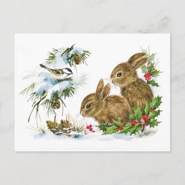 Cute Vintage Rabbits Christmas Scene Holiday Postcard | Zazzle