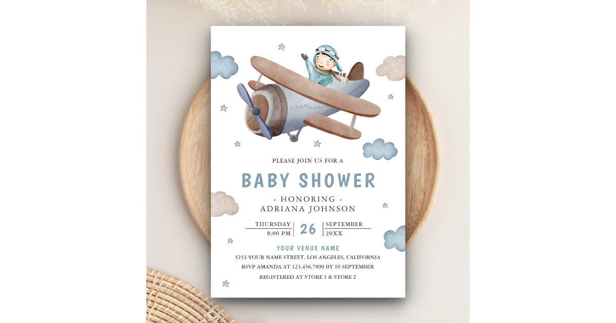 Cute Vintage Retro Blue Airplane Pilot Baby Shower Invitation | Zazzle