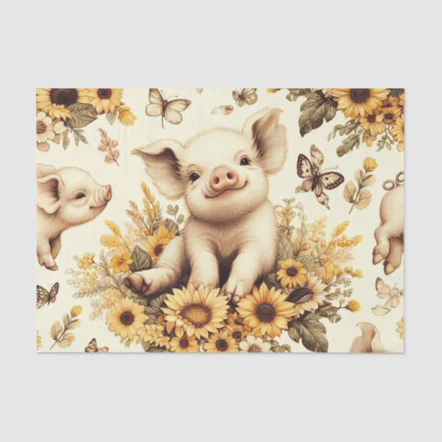 Cute Vintage Sunflower Pig Pattern Tissue Paper | Zazzle