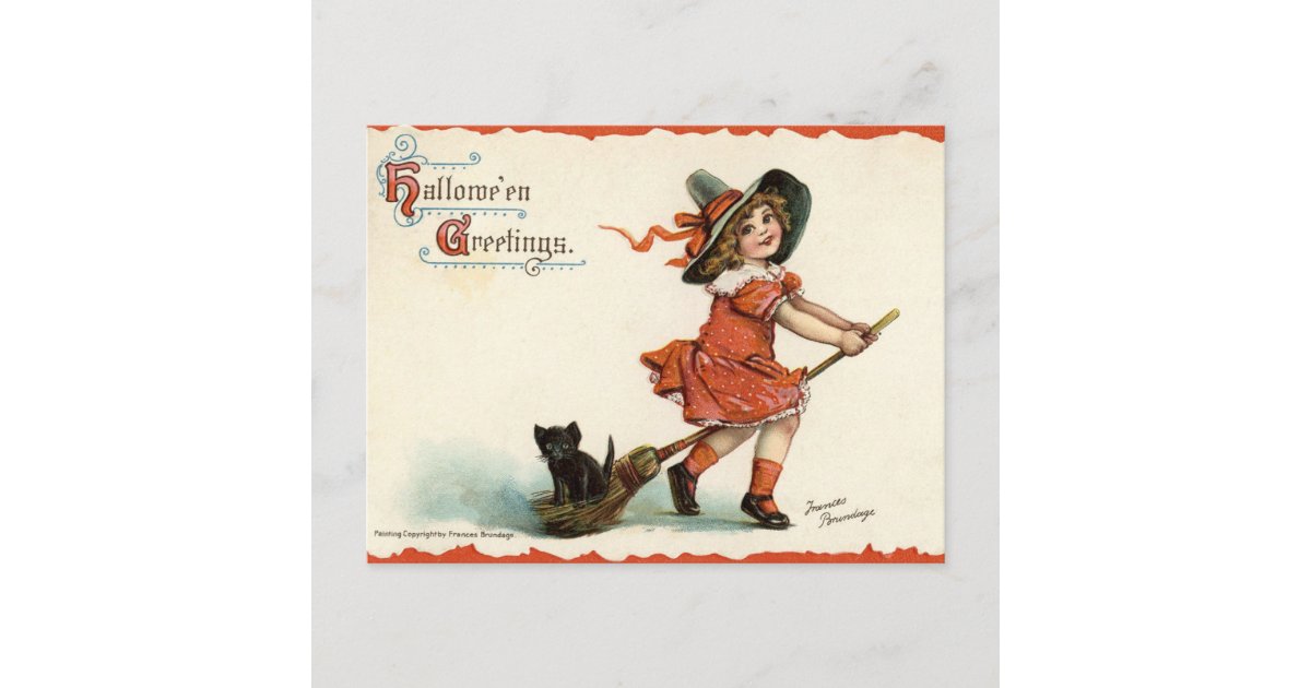 Cute Vintage Witch on Broom Halloween Postcard | Zazzle