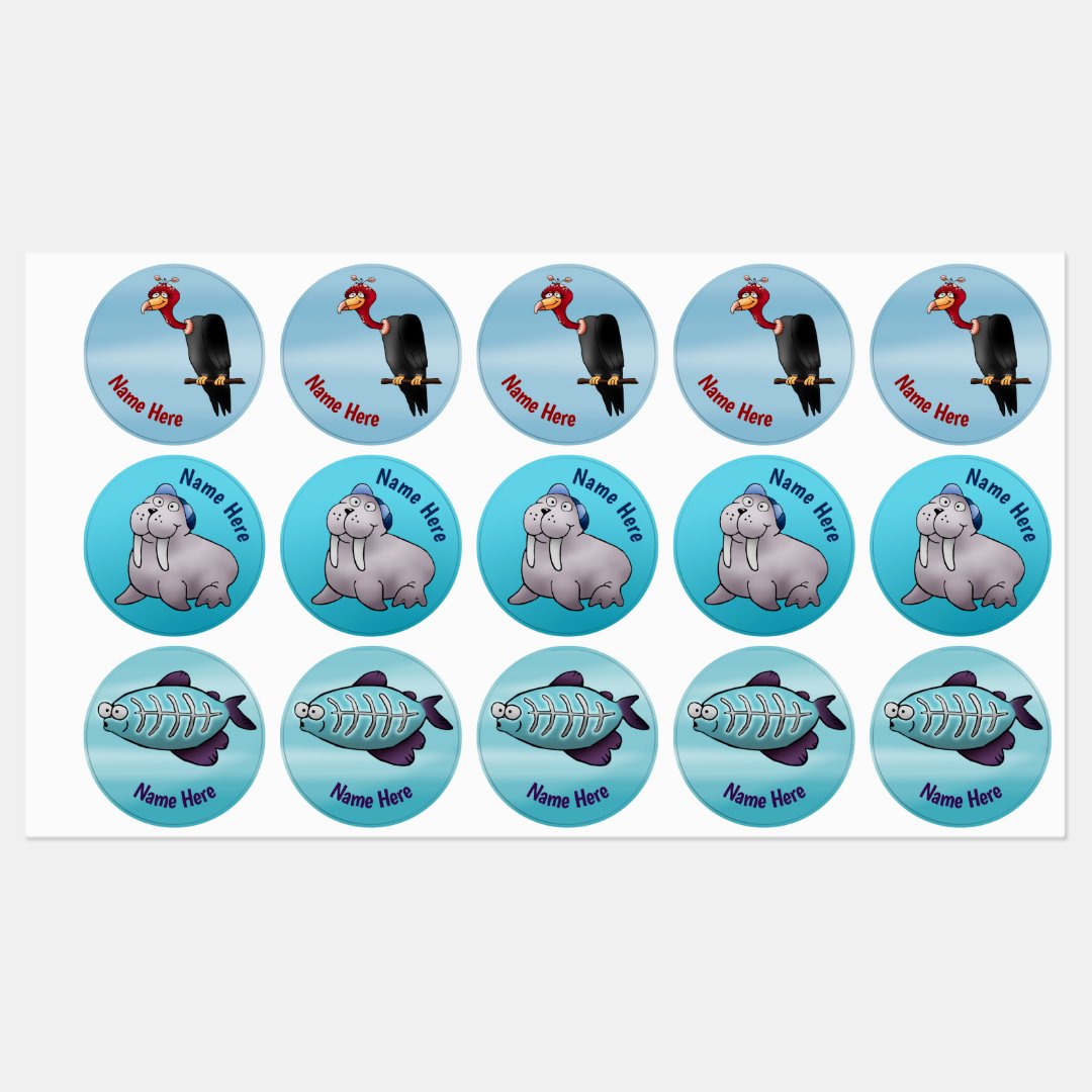 Cute Vulture, Walrus, X-Ray Fish Kids' Labels | Zazzle