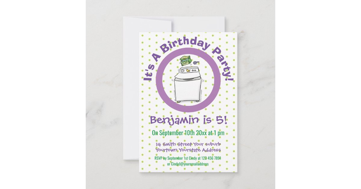 Cute washing machine laundry cartoon illustration invitation | Zazzle