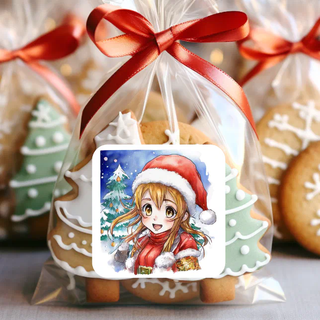 Cute Watercolor Anime Girl Christmas Square Sticker | Zazzle