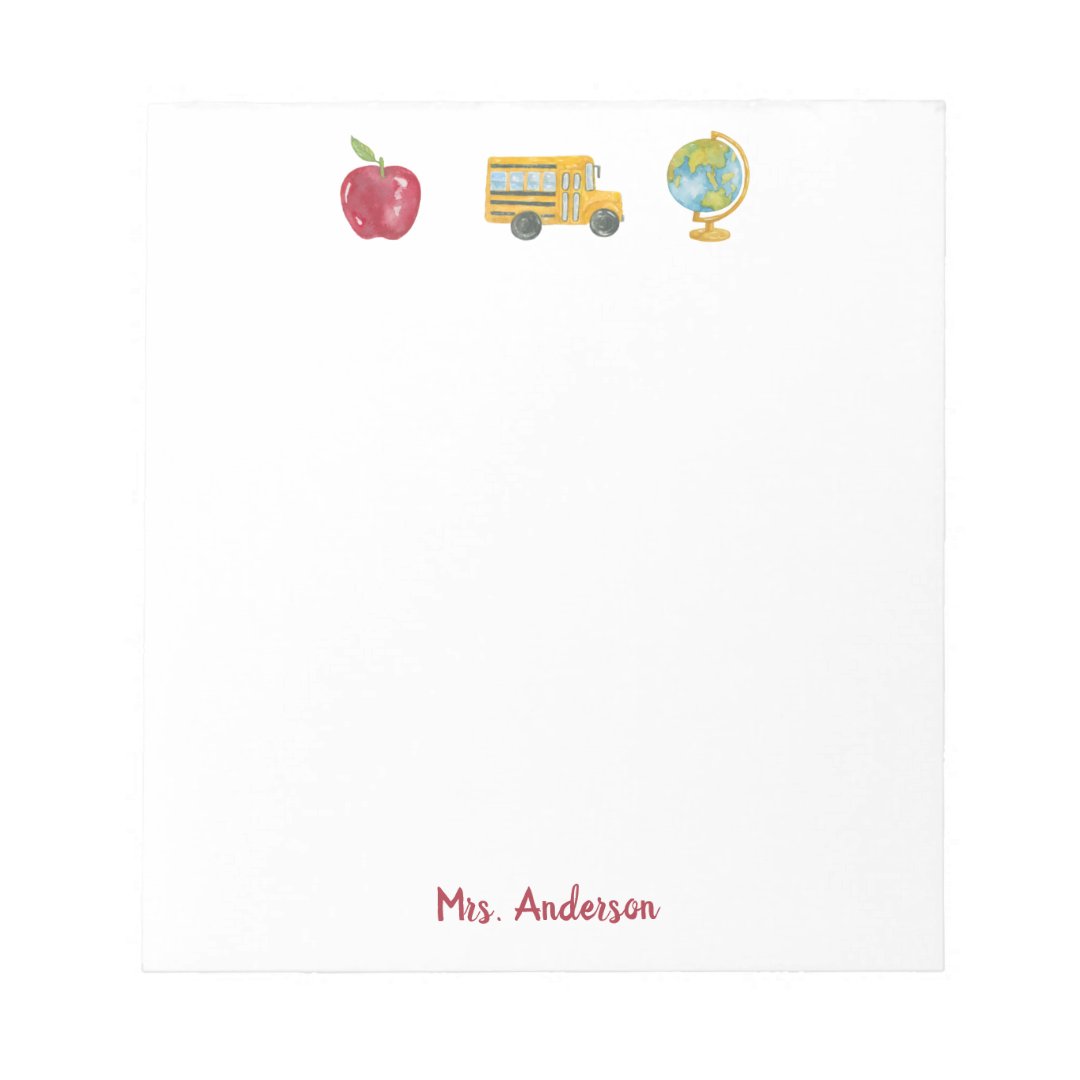 Cute Watercolor Apple School Bus Teacher Name Notepad | Zazzle