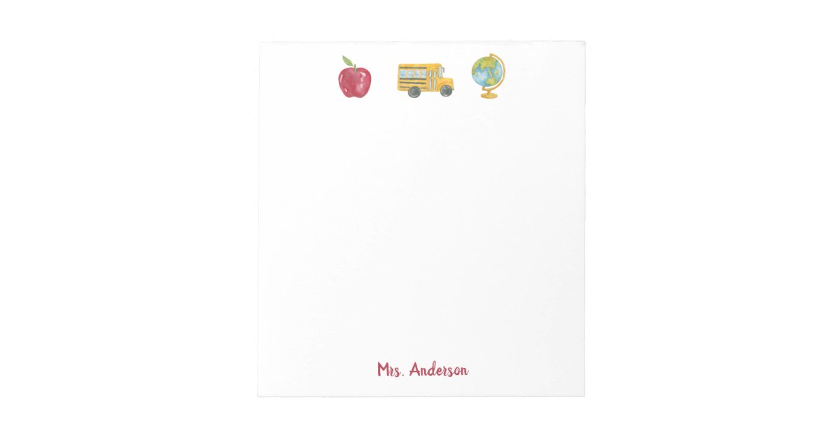 Cute Watercolor Apple School Bus Teacher Name Notepad | Zazzle