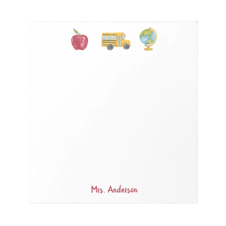 Cute Watercolor Apple School Bus Teacher Name Notepad | Zazzle