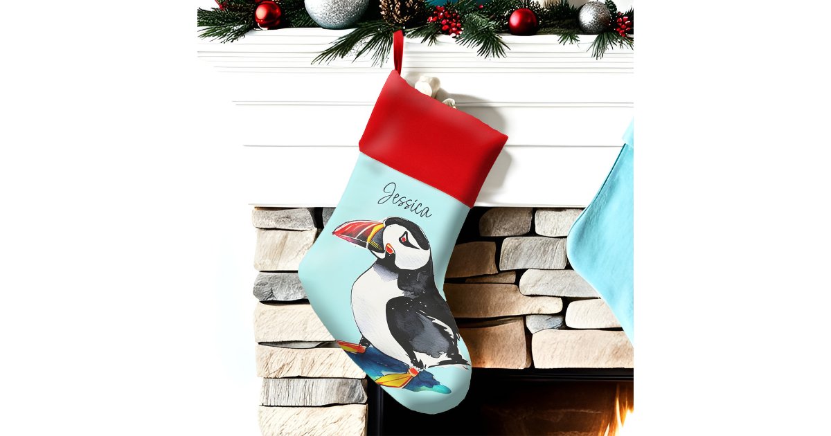 Cute Watercolor Atlantic Puffin Bird Illustration Christmas Stocking ...