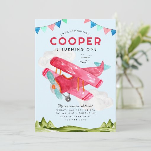 Cute Watercolor Aviation Sky Red Airplane Birthday Invitation | Zazzle