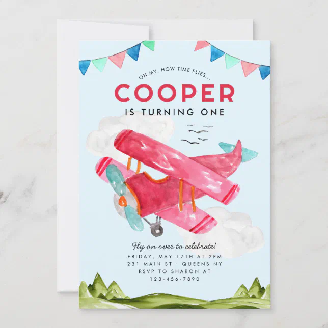 Cute Watercolor Aviation Sky Red Airplane Birthday Invitation | Zazzle