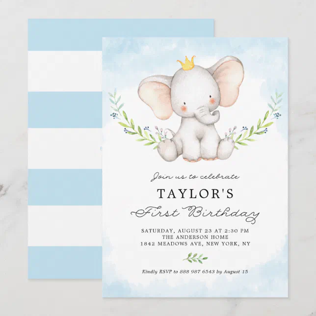 Cute Watercolor Baby Elephant Boy First Birthday Invitation | Zazzle