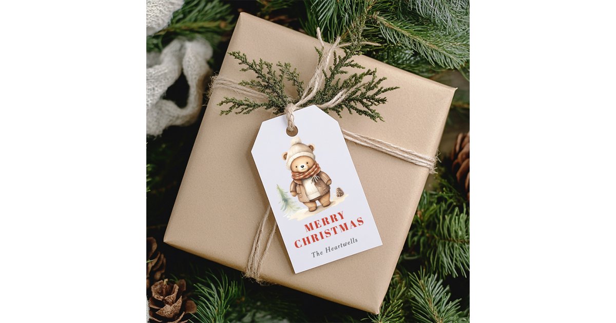 Cute Watercolor Bear Merry Christmas Holiday Gift Tags | Zazzle